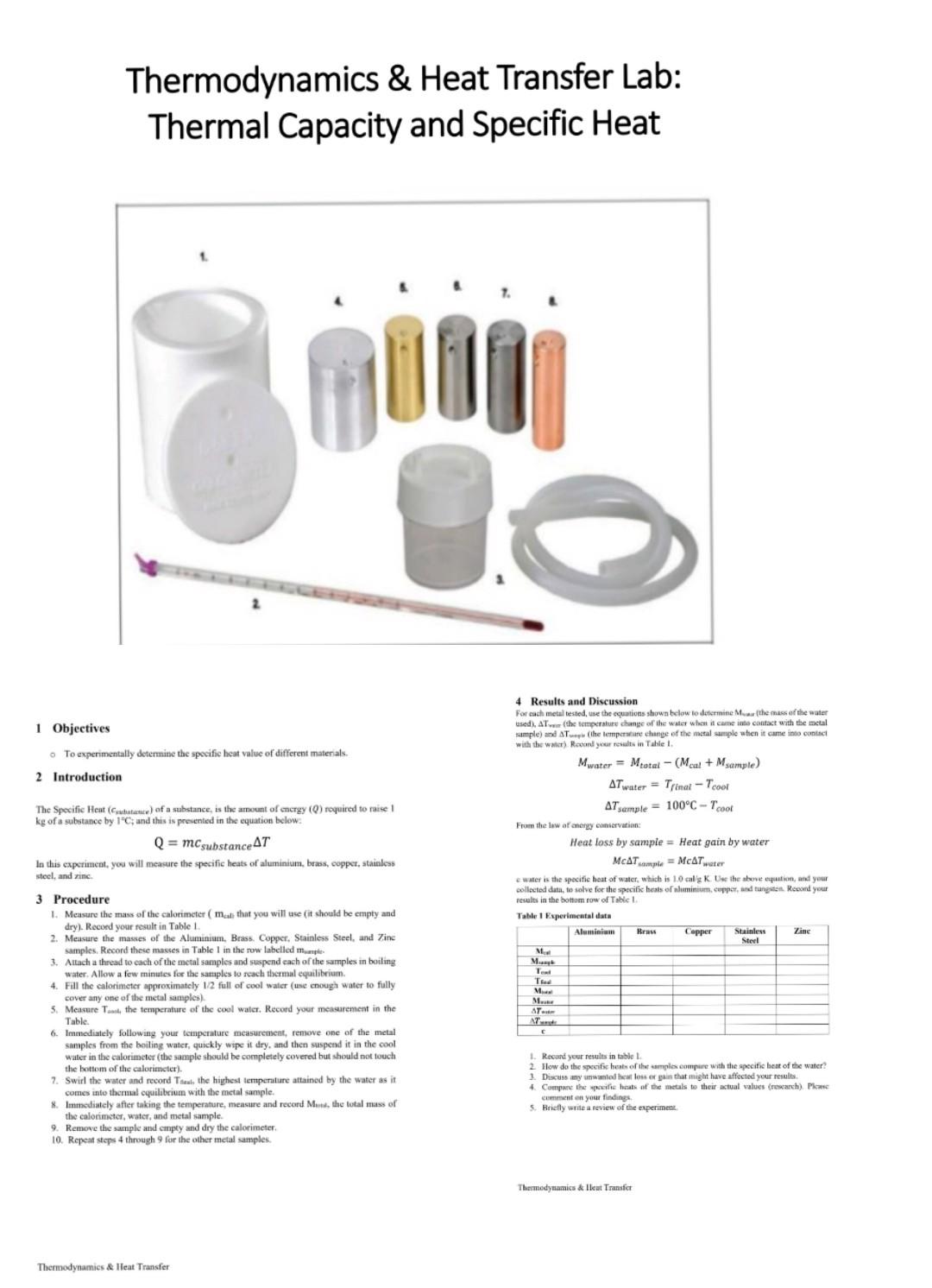 Thermodynamics \& Heat Transfer Lab: Thermal Capacity | Chegg.com