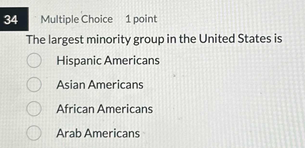 Solved 34Multiple Choice 1 ﻿pointThe largest minority group | Chegg.com