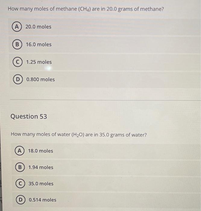 Solved How many moles of methane (CH4) are in 20.0 grams of | Chegg.com