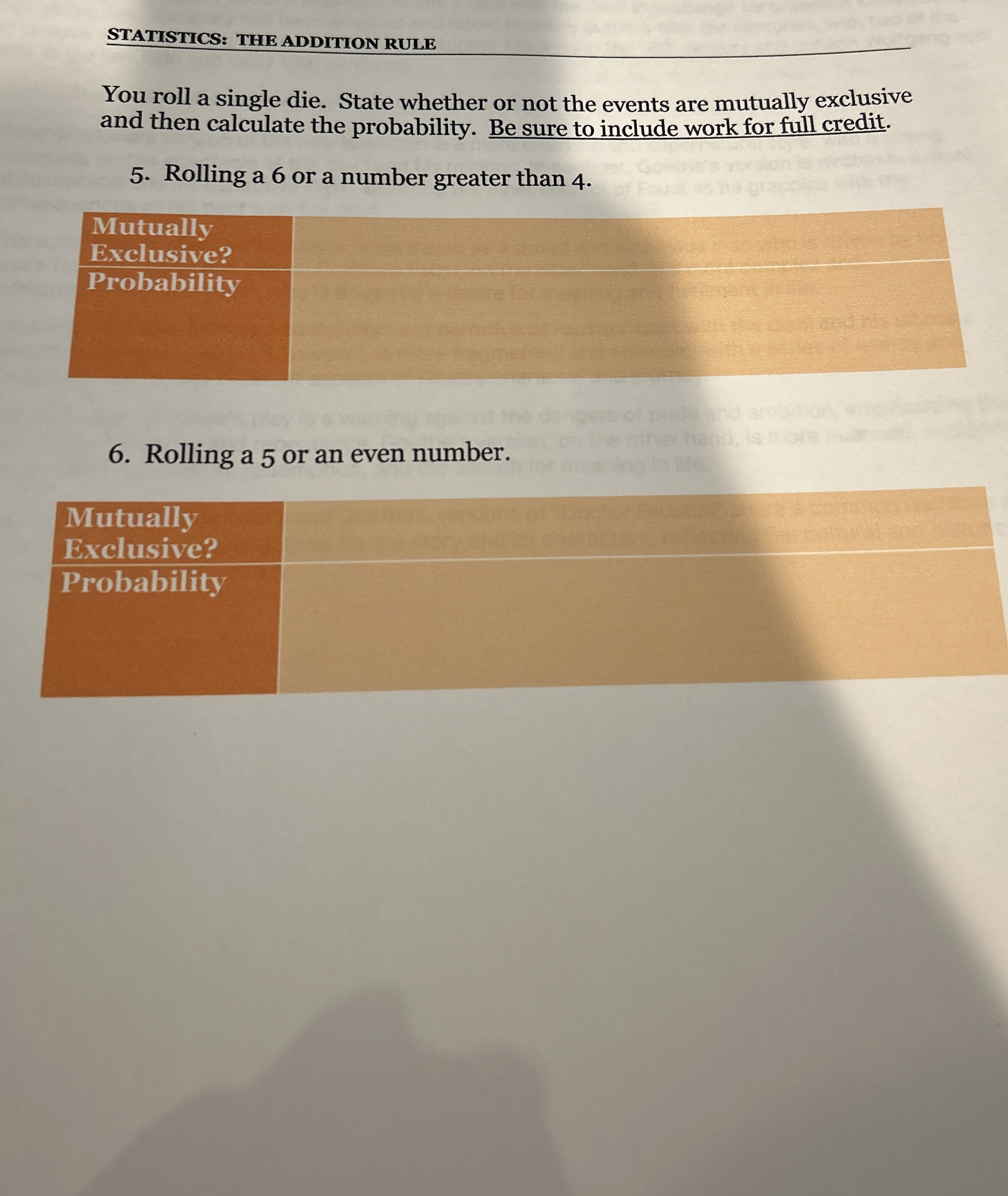 Solved STATISTICS: THE ADDITION RULEYou roll a single die. | Chegg.com