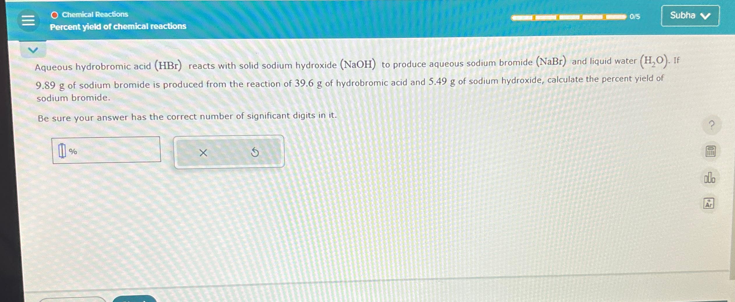 Solved Chemical ReactionsPercent yield of chemical | Chegg.com