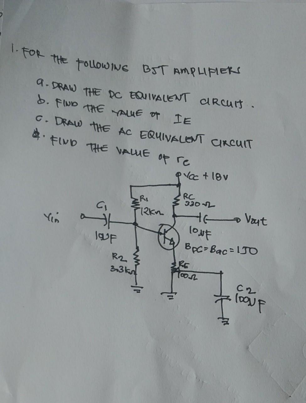 Solved for the ff. BJT amplifier a.draw the Dc equivalent | Chegg.com
