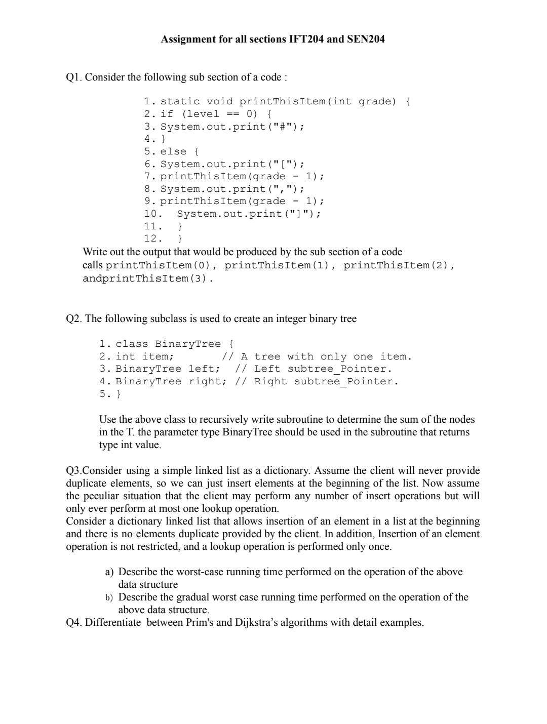 Solved Assignment for all sections IFT204 and SEN204 1. | Chegg.com