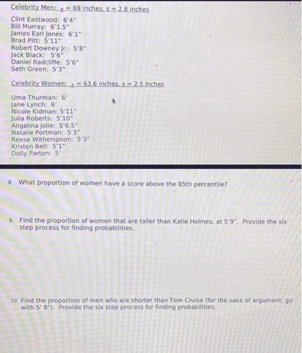 Solved Celebrity Men: x=69 inches, 5=2.8 inches Clint | Chegg.com