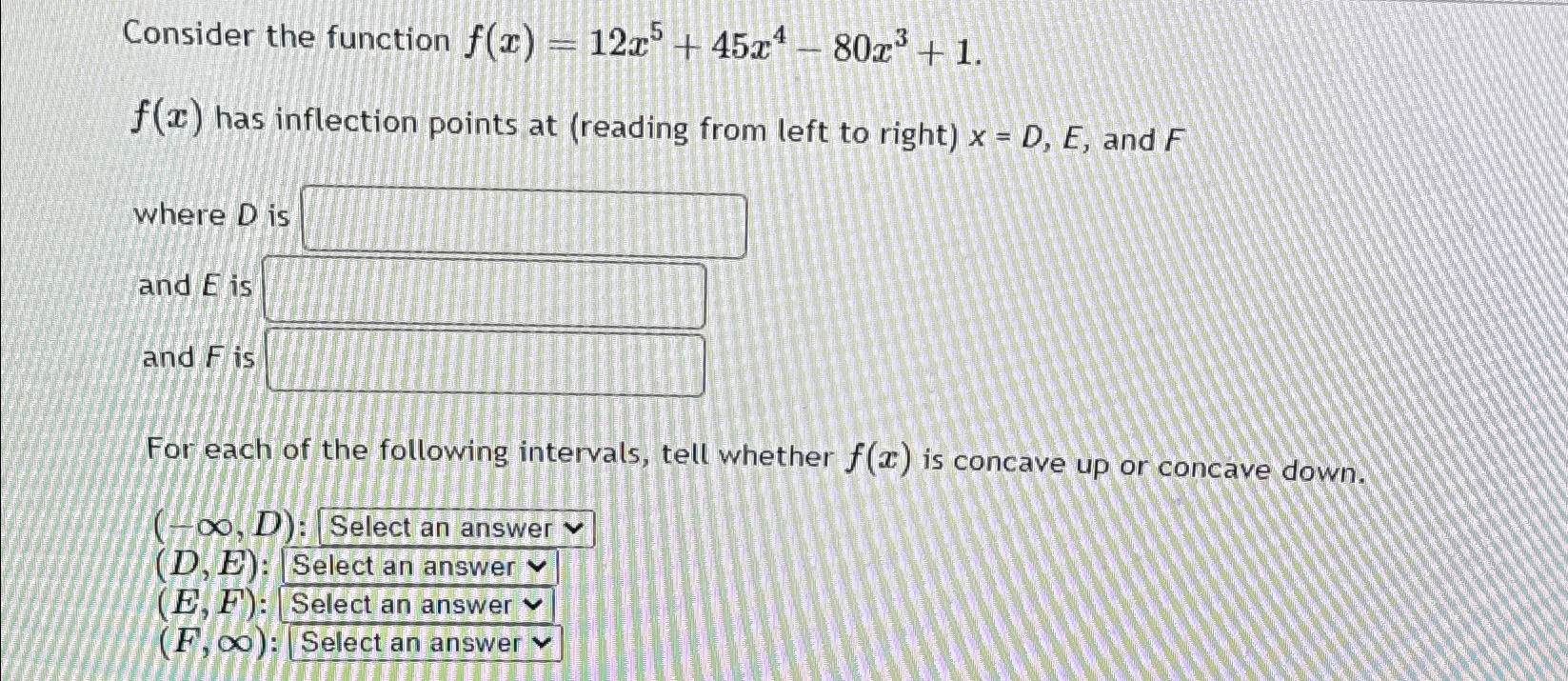 Solved Consider the function f(x)=12x5+45x4-80x3+1.f(x) ﻿has | Chegg.com