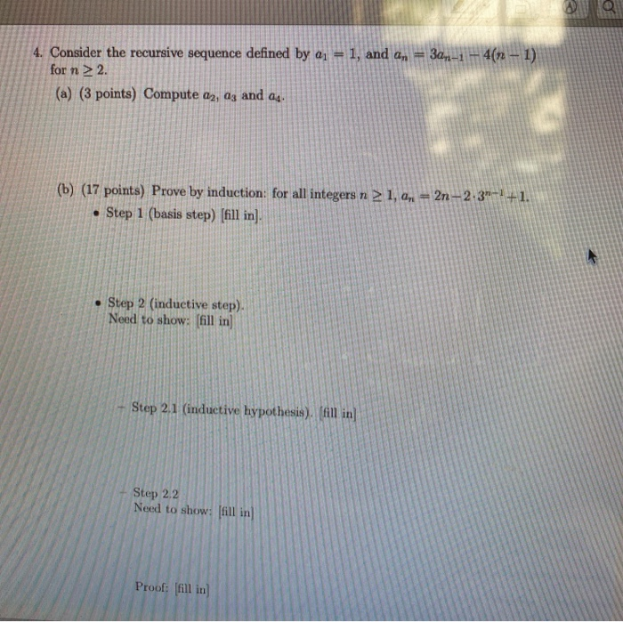 Solved 3an-1-4(12 - 1) 4. Consider the recursive sequence | Chegg.com