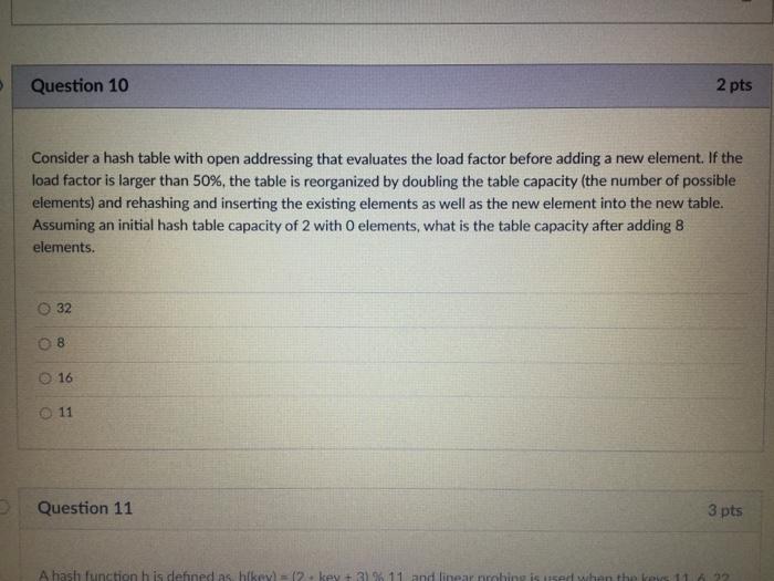 Solved Question 10 2 pts Consider a hash table with open | Chegg.com