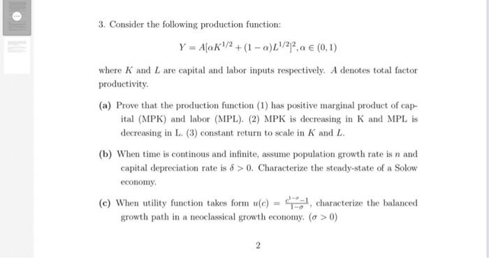 3. Consider the following production function: | Chegg.com