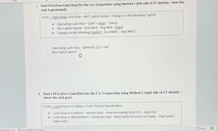 Solved 1. Find CFFA (Free Cash Flow) for the U.S. | Chegg.com