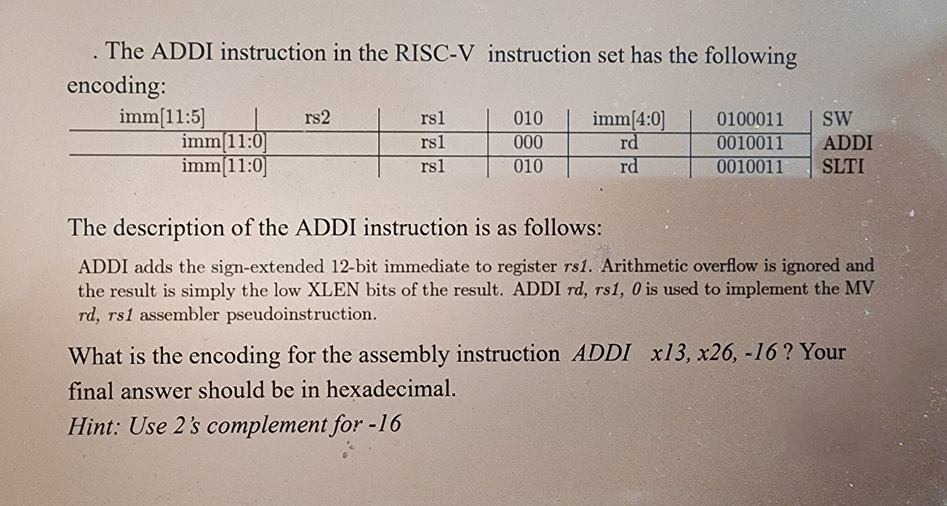 Solved The ADDI instruction in the RISC-V instruction set | Chegg.com