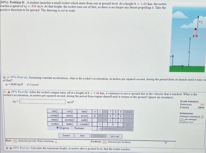 Solved 10\%) Problem 8: A student launches a small rocket | Chegg.com