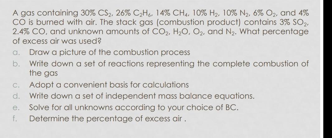 Solved A gas containing 30% CS2, 26% C₂H6, 14% CH4, 10% H₂, | Chegg.com