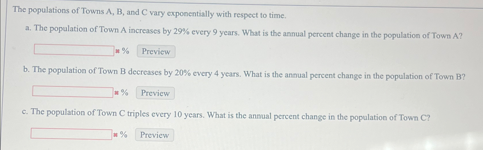 Solved The populations of Towns A, ﻿B, ﻿and C vary | Chegg.com