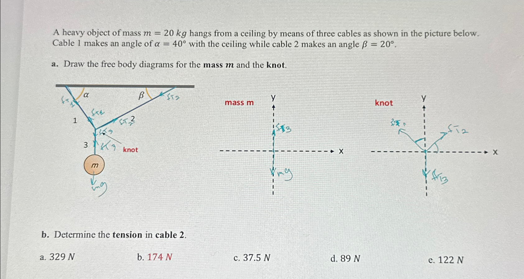 Solved A heavy object of mass m=20kg ﻿hangs from a ceiling | Chegg.com