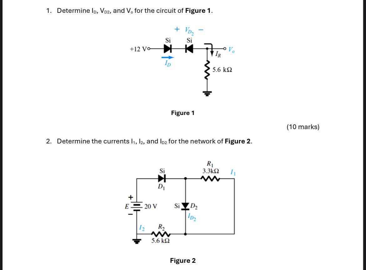 Solved Determine ID,VD2, ﻿and Vo ﻿for the circuit of Figure | Chegg.com