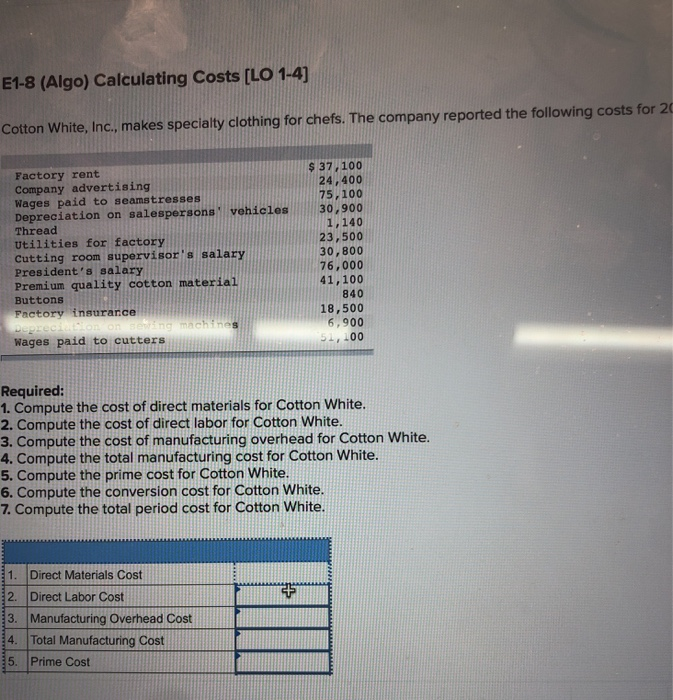 Solved E1-8 (Algo) Calculating Costs [LO 1-4) Cotton White, | Chegg.com