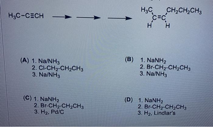 Solved H3C-CECH H3C CH2CH2CH3 c=c H Н H (A) 1. Na/NH3 2. | Chegg.com