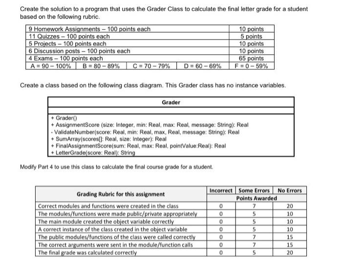 Create the solution to a program that uses the Grader | Chegg.com