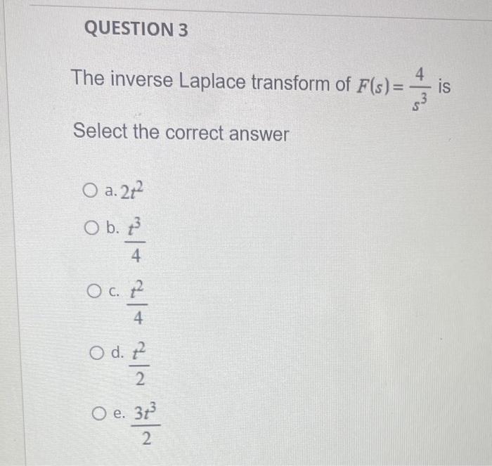 Solved The inverse Laplace transform of F(s)=s2+13 is Select | Chegg.com