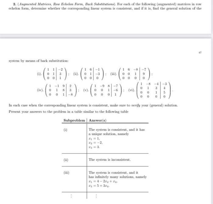 Solved 2. (Augmented Matrices, Row Echelon Form, Back | Chegg.com