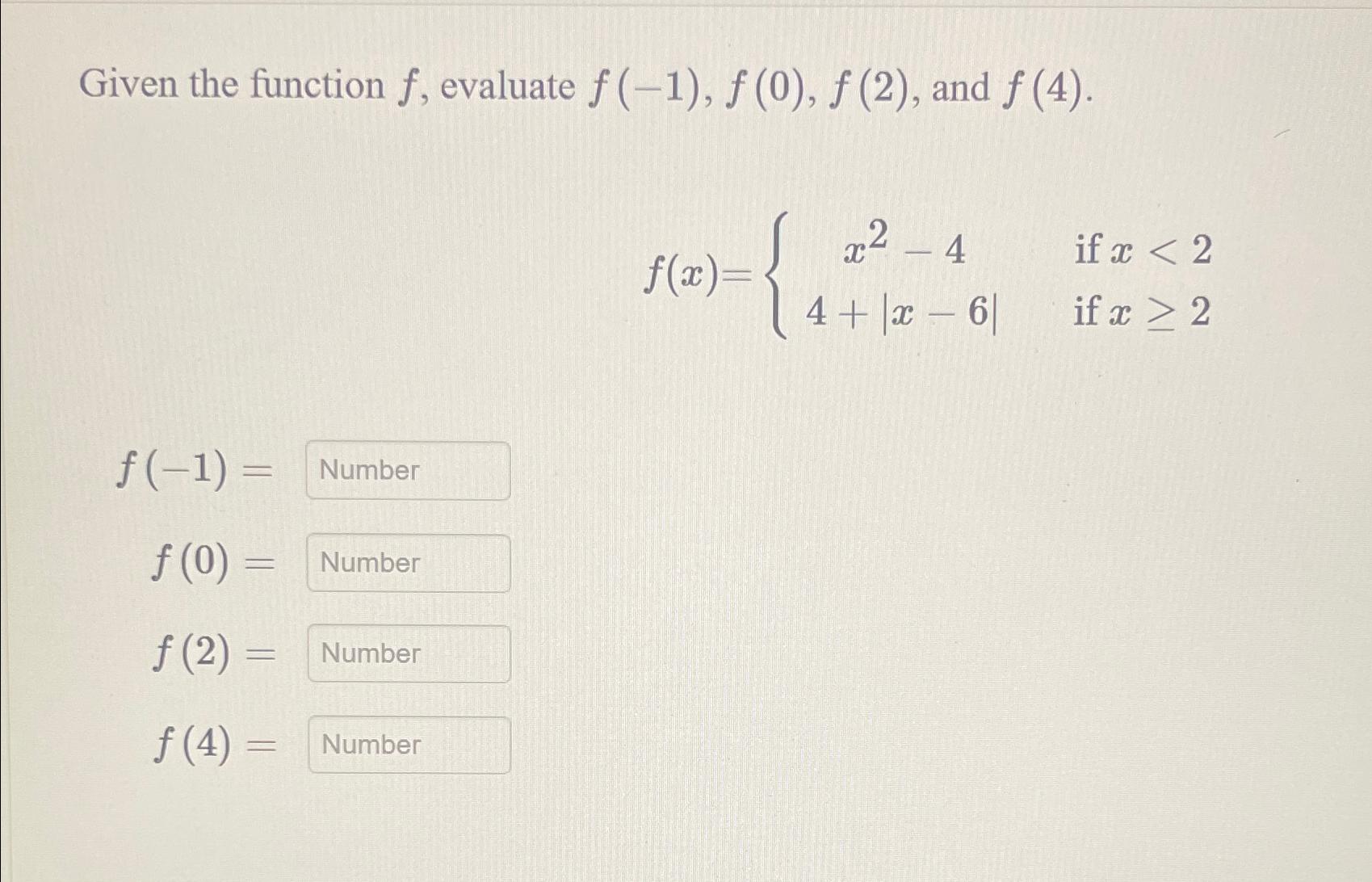 Solved Given the function f, ﻿evaluate f(-1),f(0),f(2), ﻿and | Chegg.com