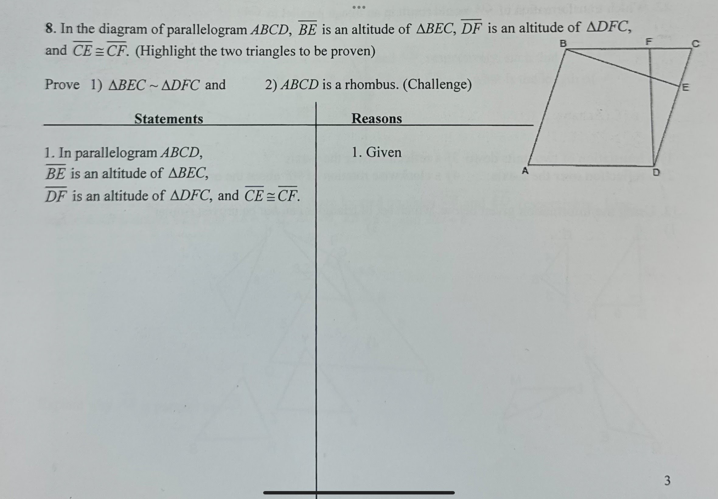 Solved In the diagram of parallelogram ABCD,bar (BE) ﻿is an | Chegg.com