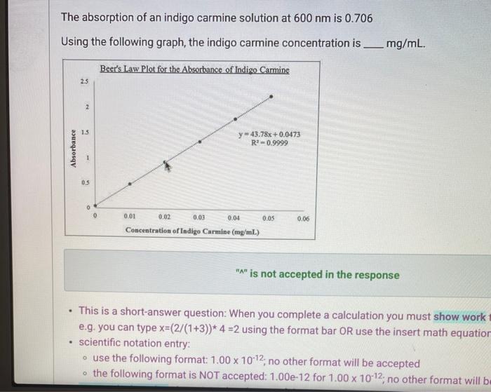 Solved The absorption of an indigo carmine solution at 600 | Chegg.com