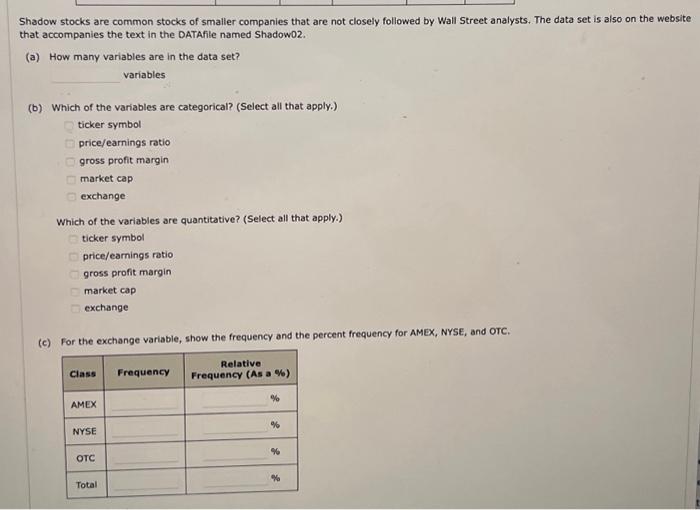 Solved Shadow stocks are common stocks of smaller | Chegg.com