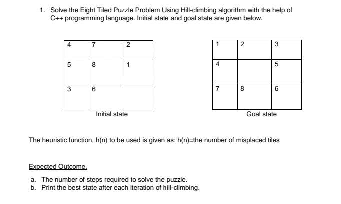 Solved 1. Solve the Eight Tiled Puzzle Problem Using | Chegg.com