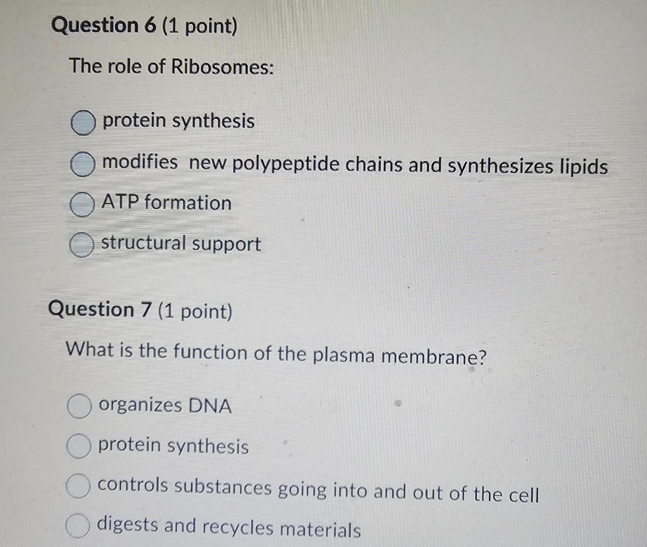 Solved Question 6 (1 ﻿point)The role of Ribosomes:protein | Chegg.com