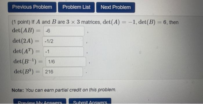 Solved (1 point) If A and B are 3×3 matrices, | Chegg.com