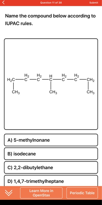 Solved Question 11 of 38 Submit Name the compound below | Chegg.com