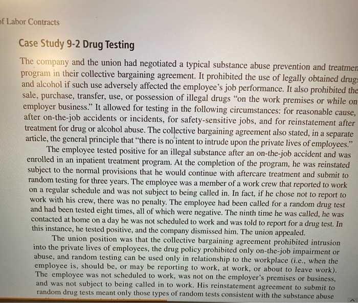 f Labor Contracts Case Study 9-2 Drug Testing The | Chegg.com