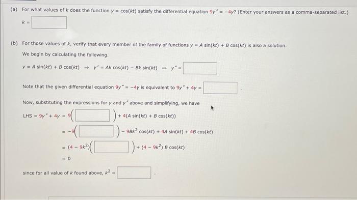 Solved A For What Values Of K Does The Function Y Cos Kt