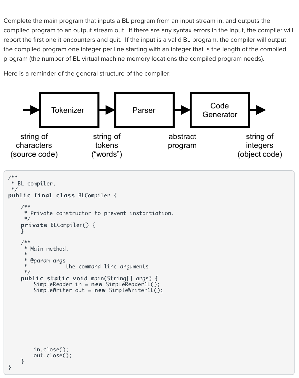 Solved Complete the main program that inputs a BL program | Chegg.com