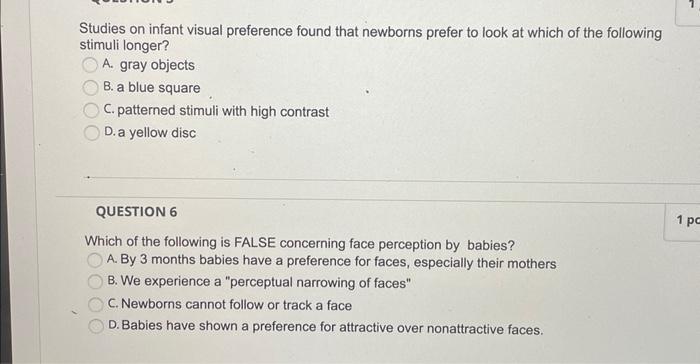 Solved Studies on infant visual preference found that | Chegg.com