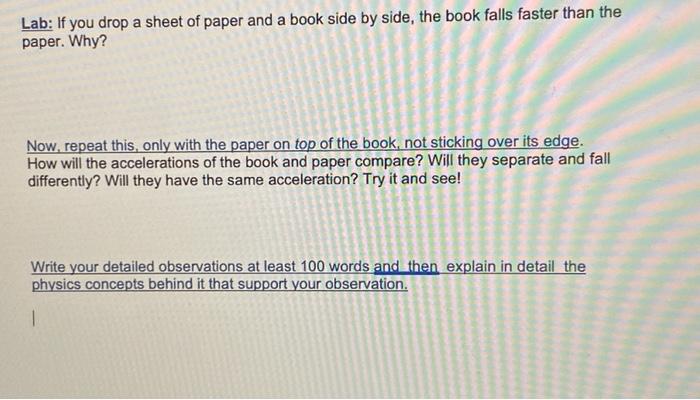 Solved Lab: If you drop a sheet of paper and a book side by | Chegg.com