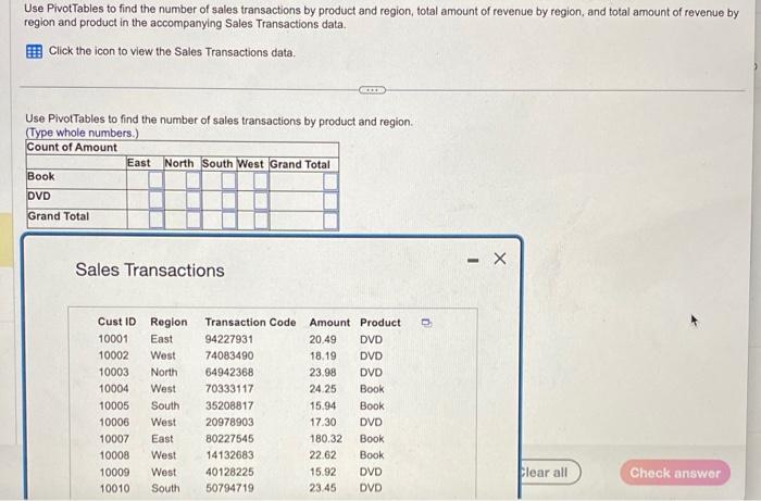 Solved Use PivotTables to find the number of sales | Chegg.com