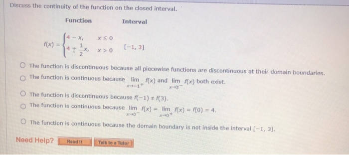 Solved Discuss the continuity of the function on the closed | Chegg.com