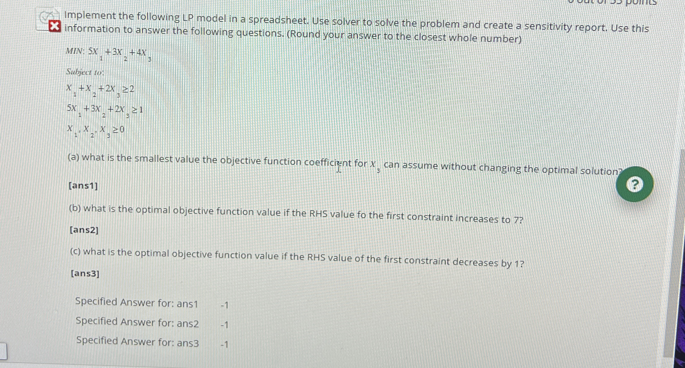 Solved Implement the following LP model in a spreadsheet, | Chegg.com