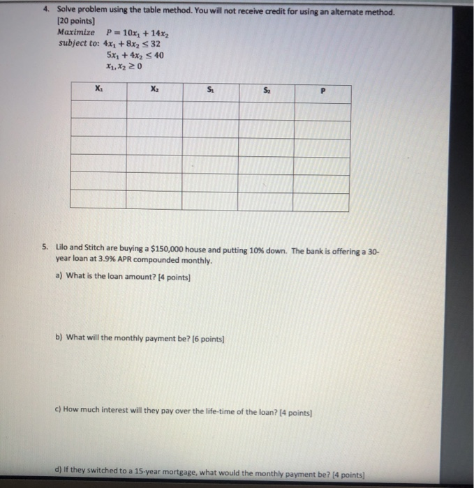 Solved 4. Solve problem using the table method. You will not | Chegg.com