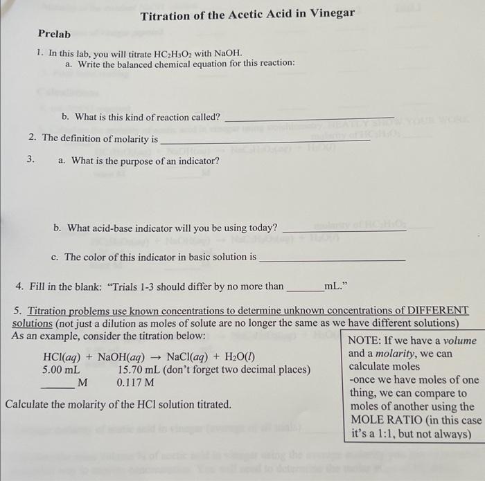Solved Prelab 1. In this lab, you will titrate HC2H3O2 with | Chegg.com