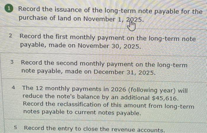 Solved Record the issuance of the long-term note payable for | Chegg.com