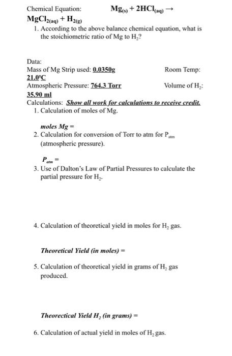 Solved Chemical Equation: Mg() + 2HCl(aq) MgCl2(aq) + H2(g) | Chegg.com