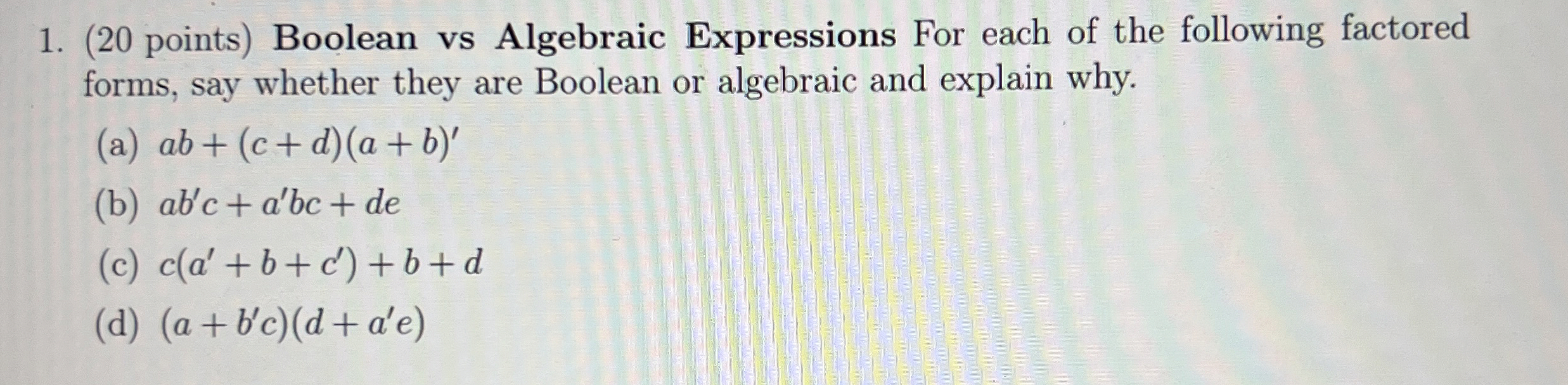 Solved (20 ﻿points) ﻿Boolean vs Algebraic Expressions For | Chegg.com