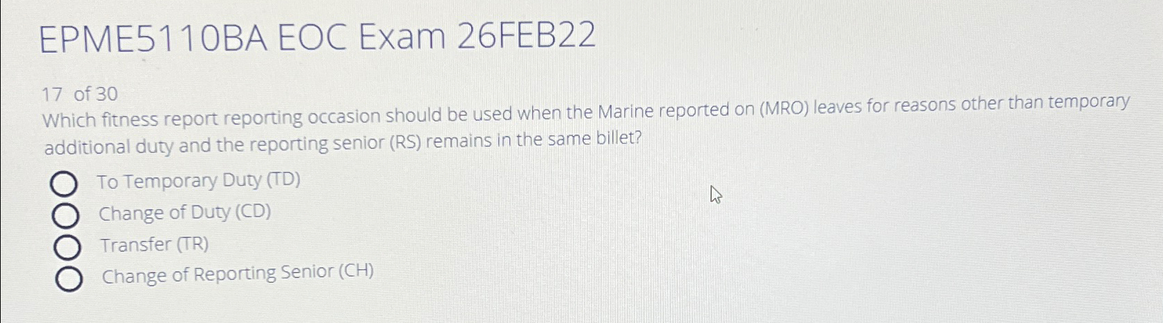 Solved EPME5110BA EOC Exam 26FEB2217 ﻿of 30Which fitness | Chegg.com