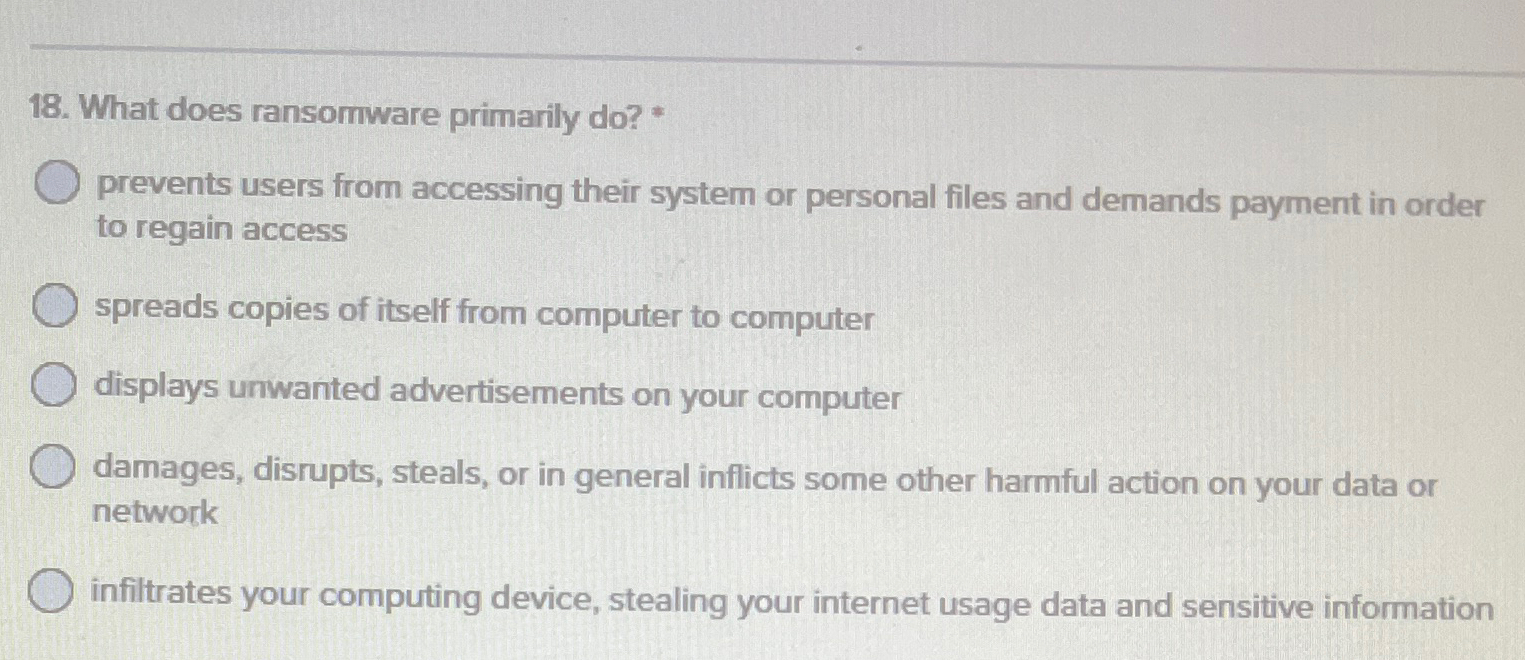 Solved What does ransomware primarily do? *prevents users | Chegg.com