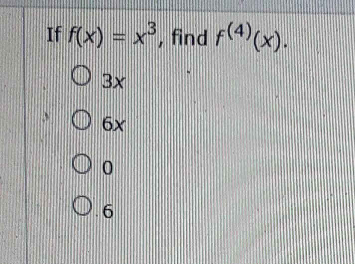 Solved f(x)=x3, find f(4)(x) 3x 6x 0 6 | Chegg.com