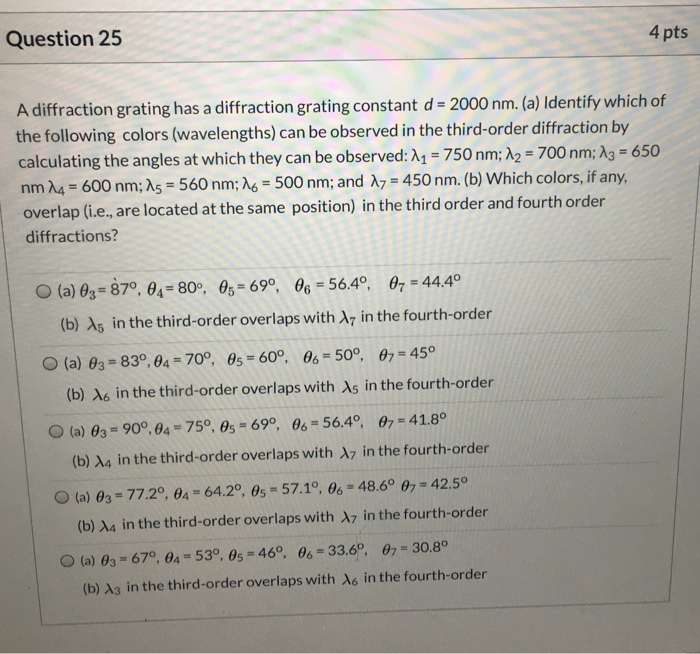 Solved Question 25 4 pts A diffraction grating has a | Chegg.com