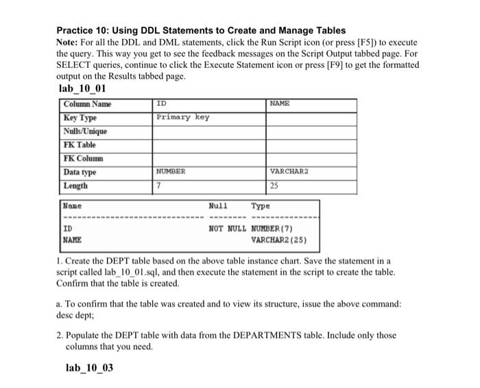 Solved Practice 10: Using DDL Statements to Create and | Chegg.com